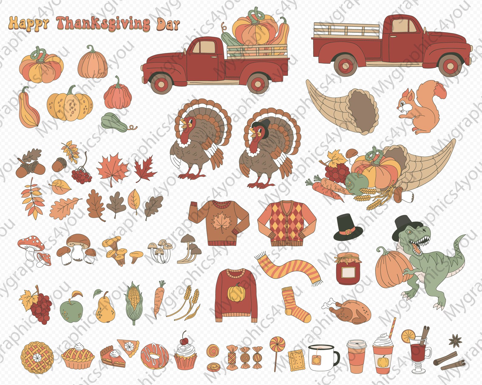 Thanksgiving Day Turkey Pumpkin Pie Autumn Leaves Mushrooms Harvest ...