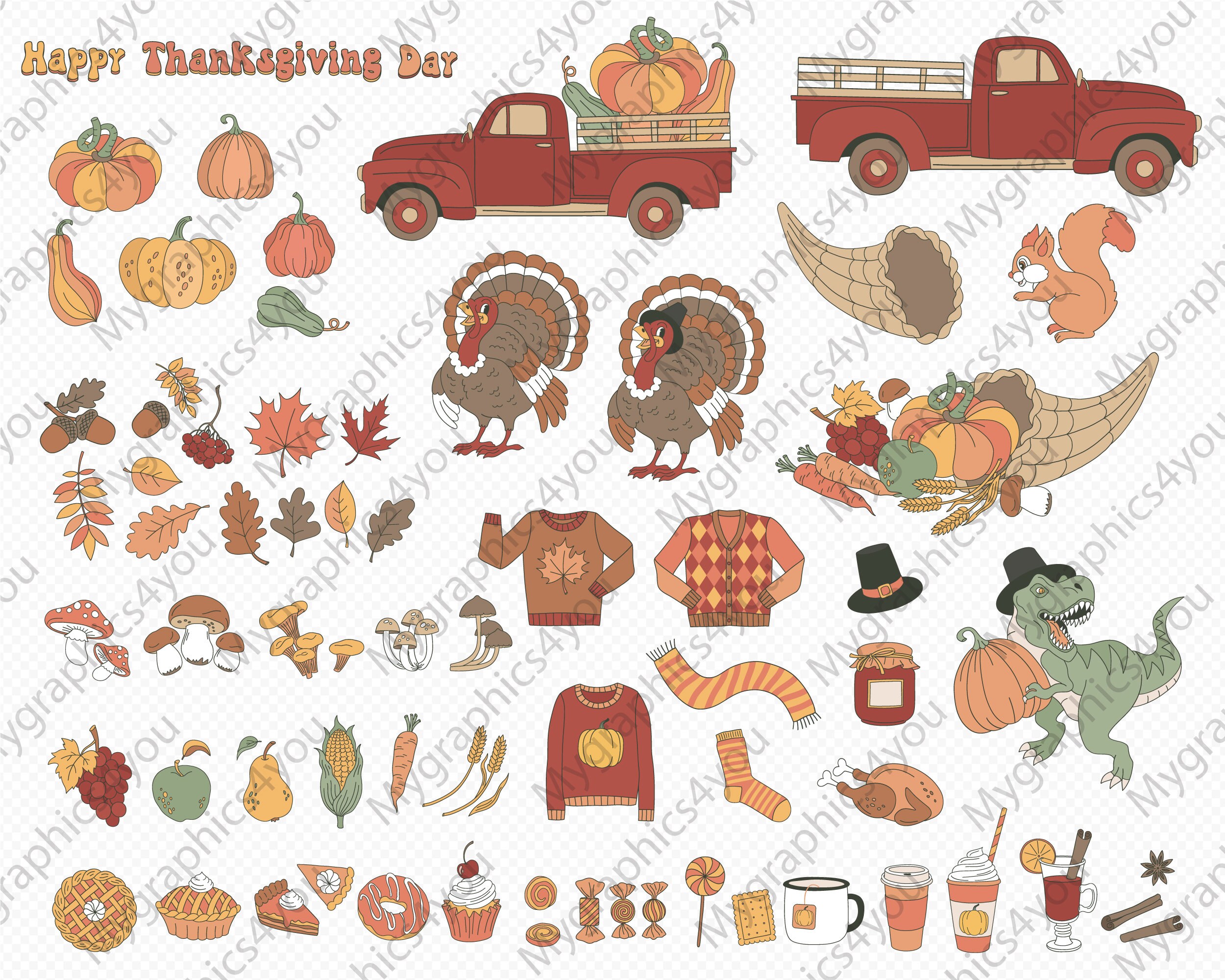 Thanksgiving Day Turkey Pumpkin Pie Autumn Leaves Mushrooms Harvest ...