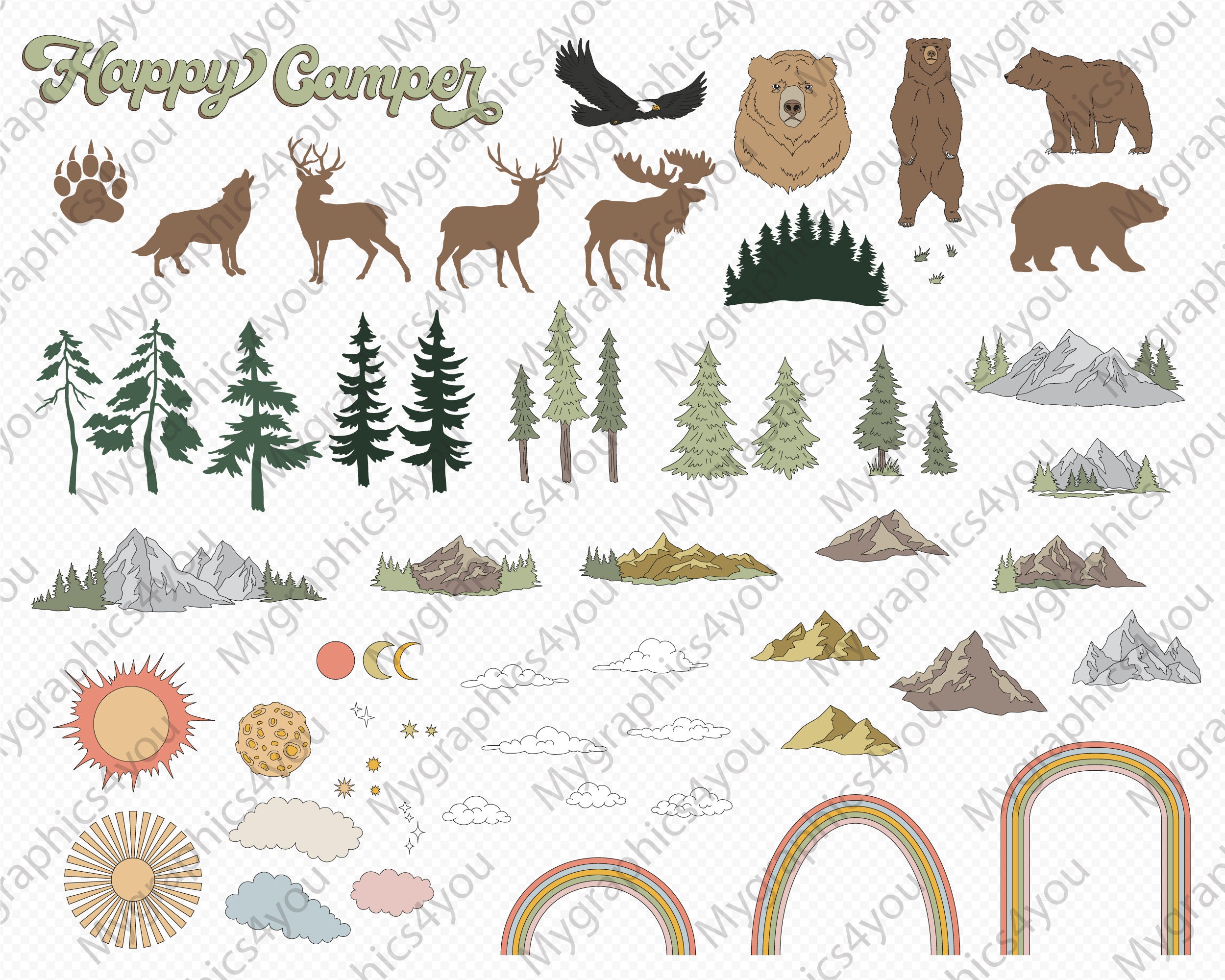 Happy Camper National Forest Camping Tent Campfire Caravan Mountain ...