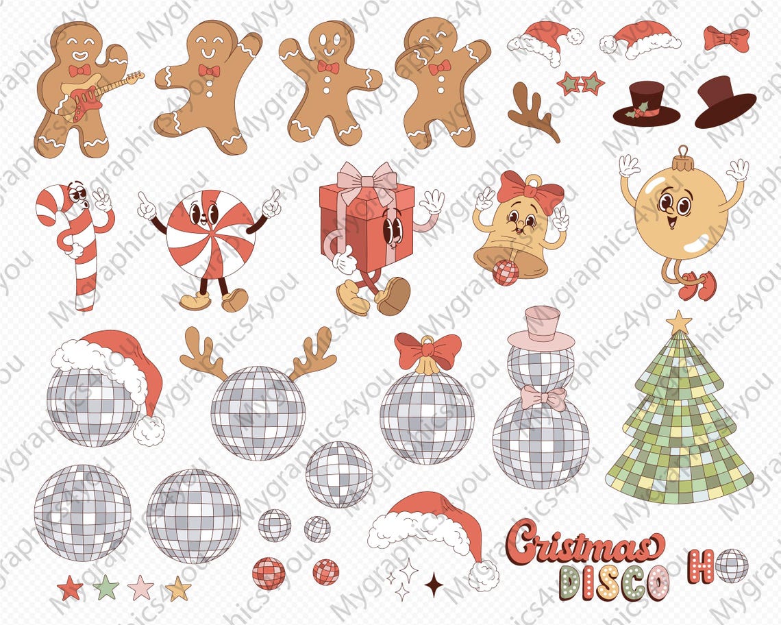 Groovy Christmas Disco Party Santa Deer Snowman Xmas Tree Peppermint ...