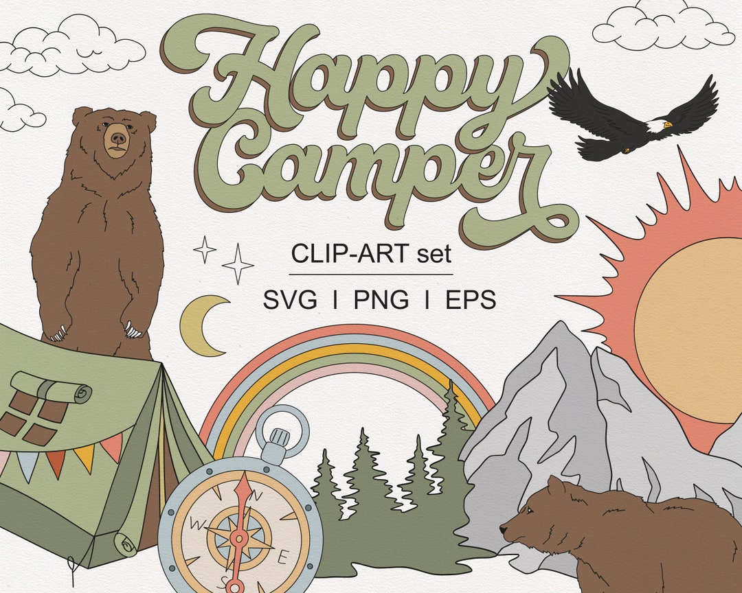 Happy Camper National Forest Camping Tent Campfire Caravan Mountain ...