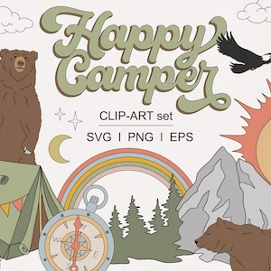 Happy Camper National Forest Camping Tent Campfire Caravan Mountain ...