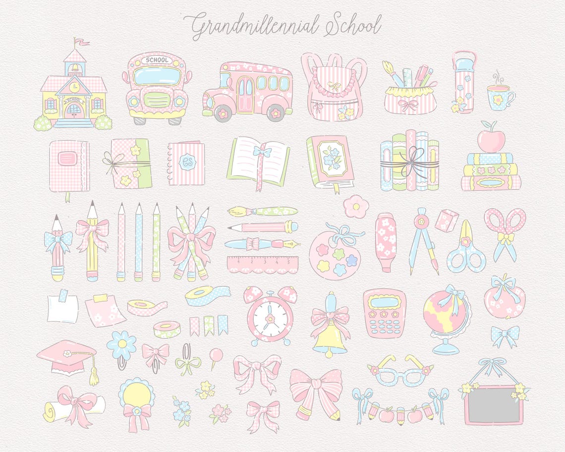 Grand Millennial Preppy Teacher School Clipart Set – Vintage Back to ...