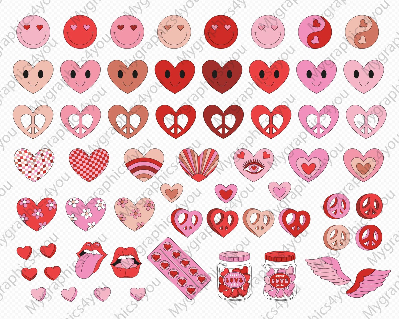 Retro 60s 70s Groovy Hippie Valentine’s Day Love Peace Smiley Shrooms ...