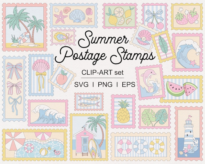 Retro Cute Pastel Summer Postage Stamp Aesthetic Clipart Set PNG ...