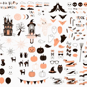 Childish Halloween Clipart Set Cute Cartoon Witch Mummy Black Cat Ghost ...