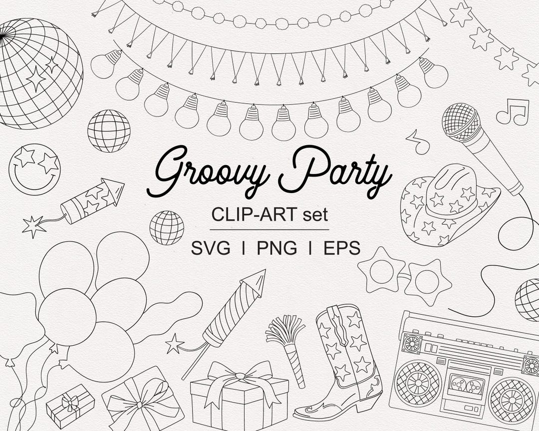 Retro Groovy Party Outline Clipart | Disco Ball Balloons Party ...