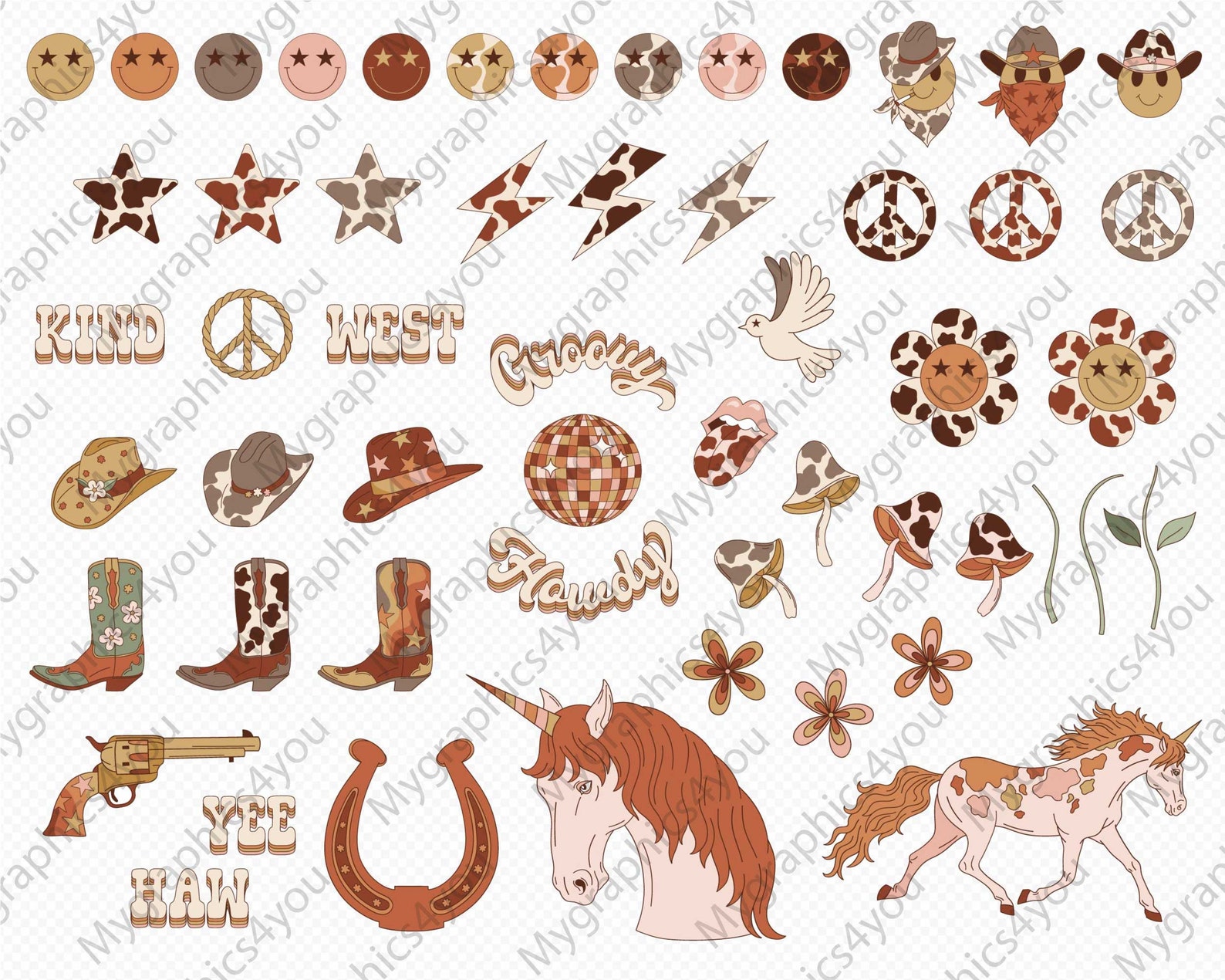 Retro 60s 70s Groovy Hippie Western Smiley Cowboy Daisy - Etsy