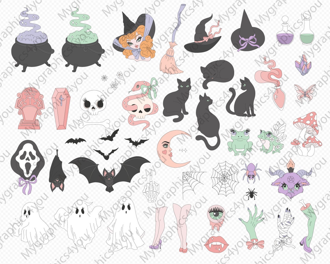 Cute Girly Coquette Halloween Bow Ghost Witch Bat Pumpkin Black Cat ...