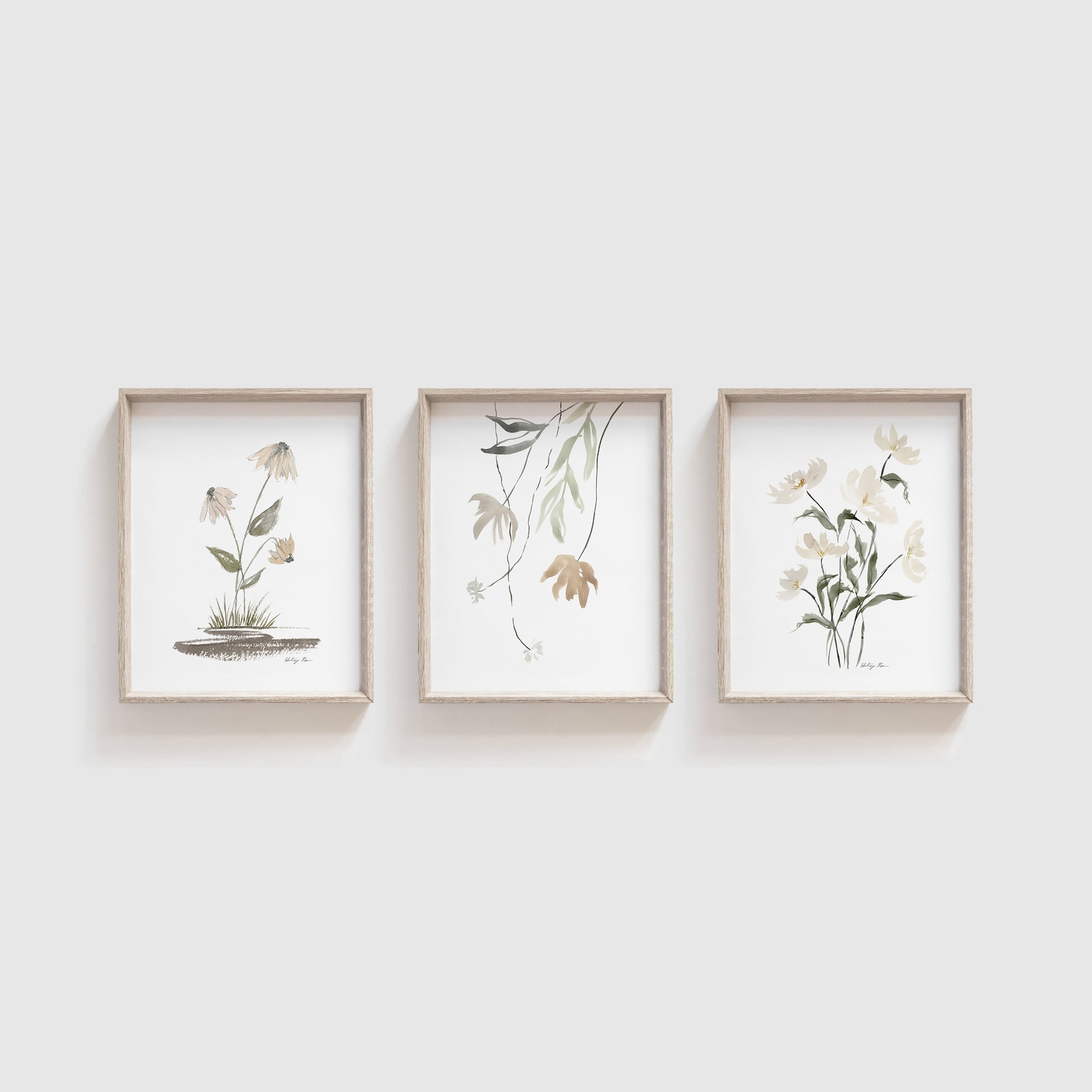 Neutral Flowers Watercolor Set of 3 Floral Art Prints - Minimalist ...