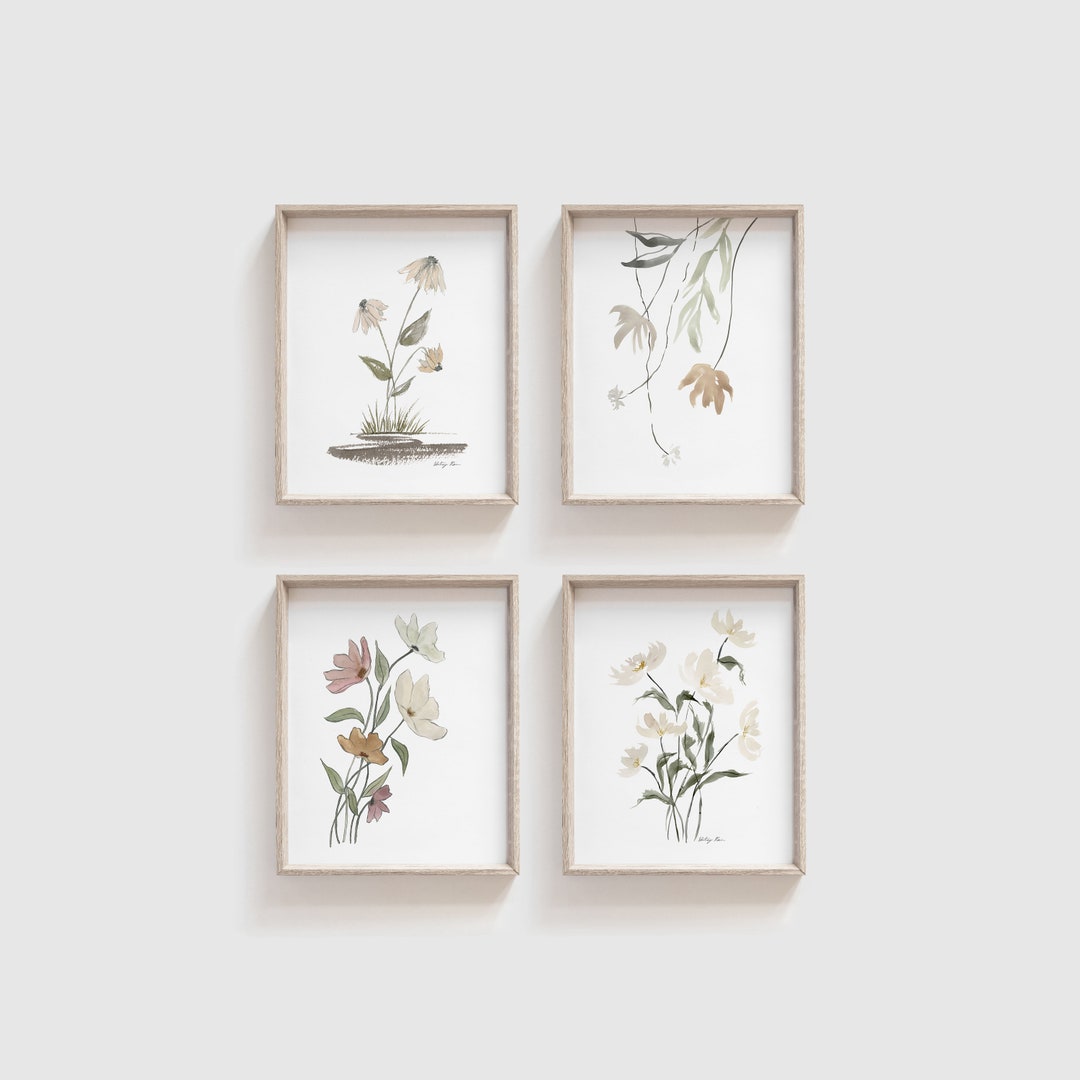 Neutral Flowers Watercolor Set of 4 Floral Art Prints - Minimalist ...