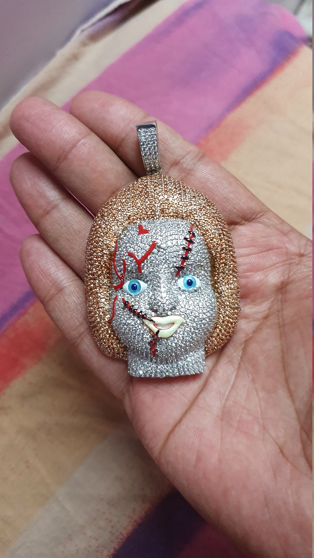 Iced Out 2.5 Long Chunky Doll Face Pendant With CZ Stone Made in 925 ...