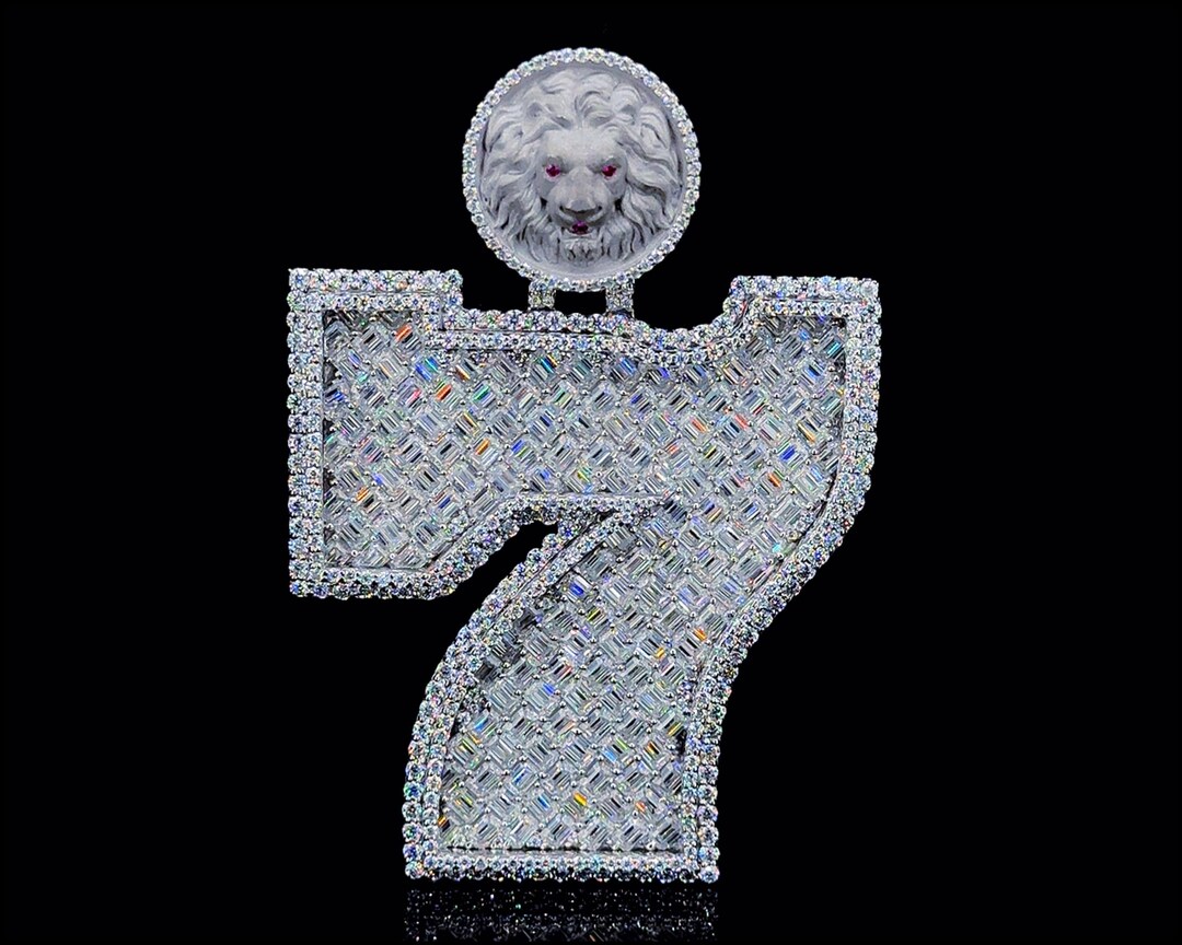 Iced Out Number 7 Pendant With Lion Head Bail Made in 925 Sterling ...