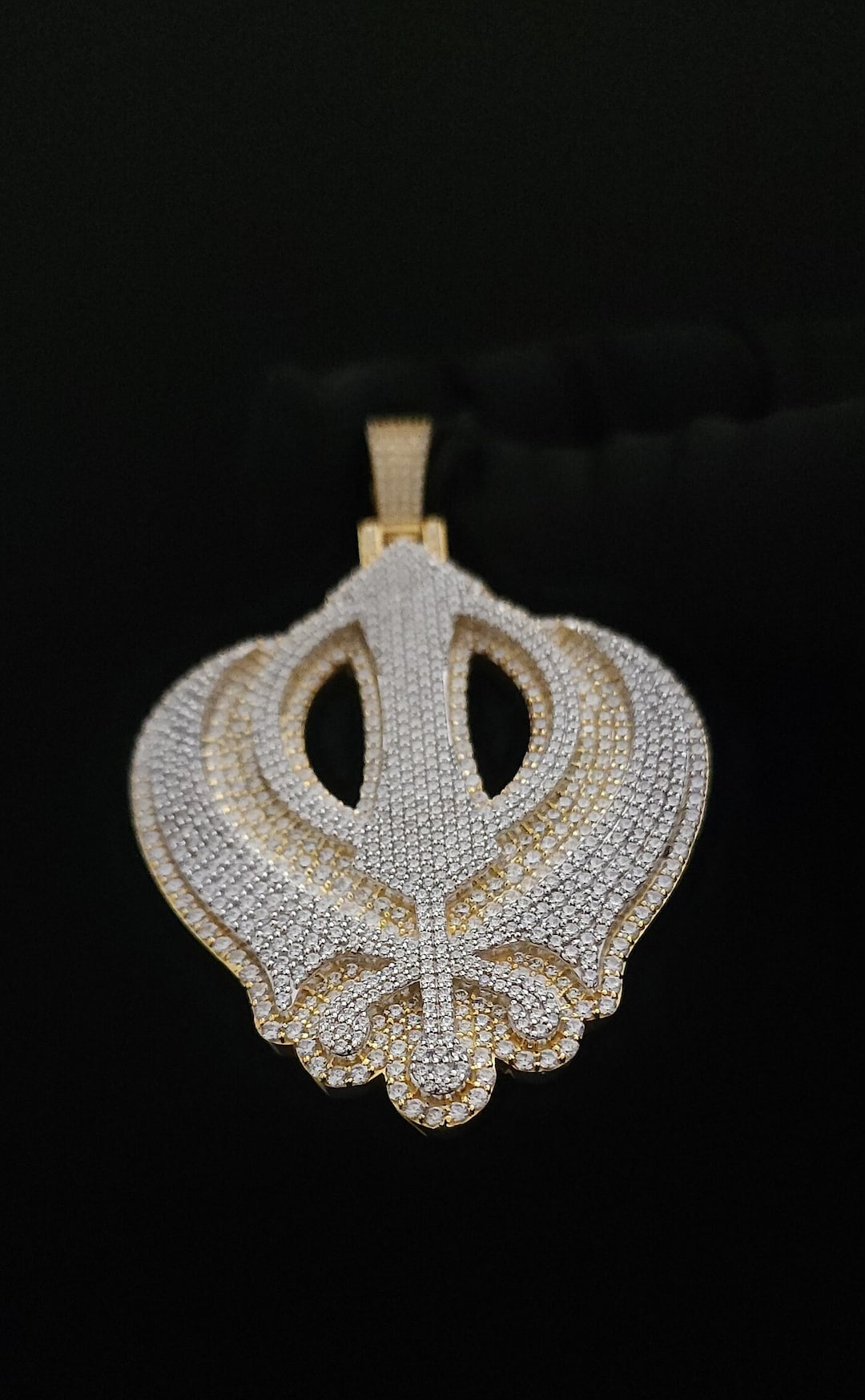 Iced Out 3D Two Tone Khanda Pendant in 925 Sterling Silver Embellished ...