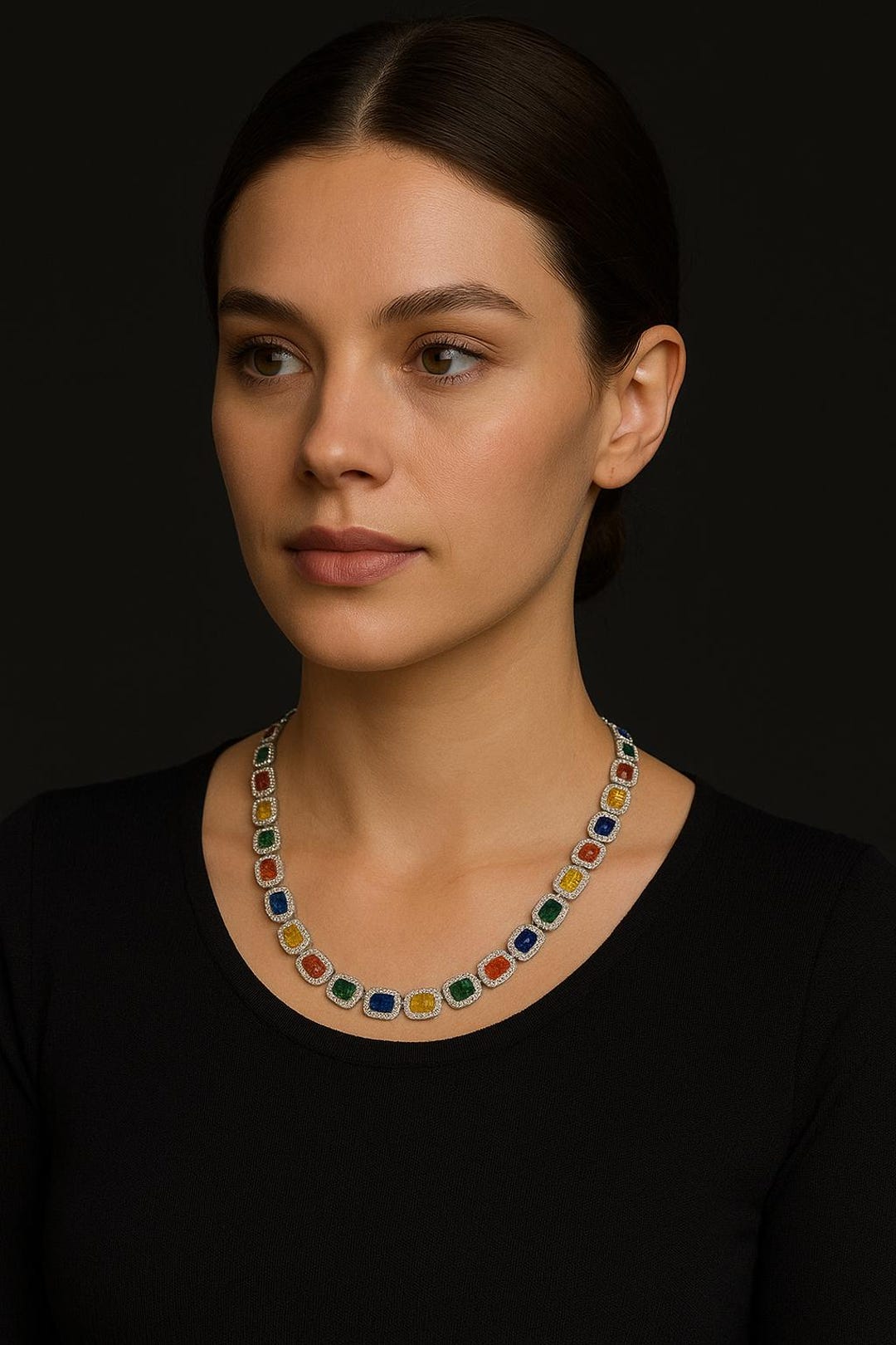 Multi Color Stone Diamond Necklace Made in 925 Sterling Silver ...