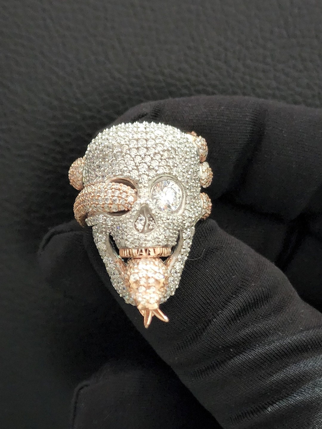 3D Skull Face & Snake Ring Made in 925 Sterling Silver Studded With VVS ...