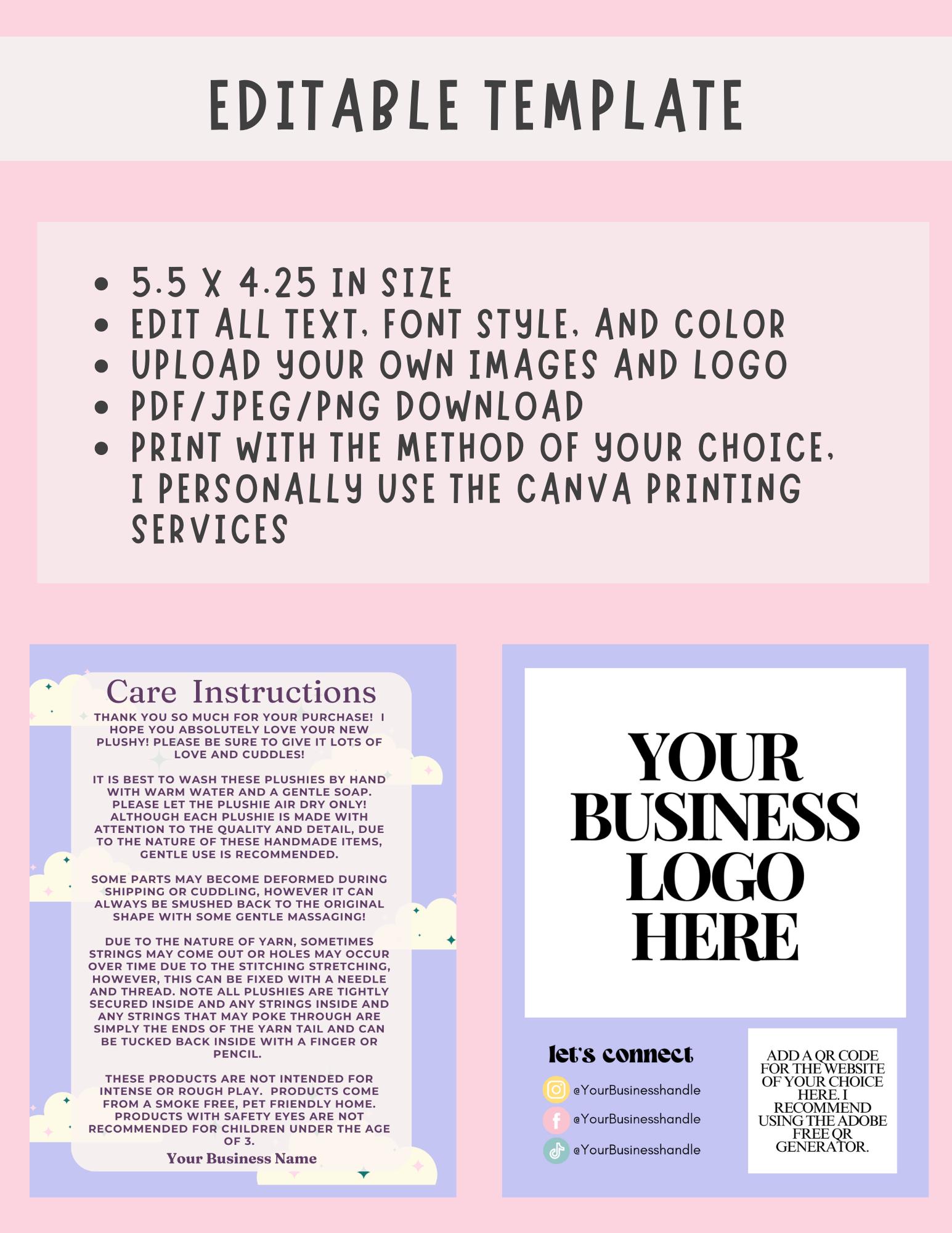 Crochet Plushy Care Instruction Card Template - Etsy