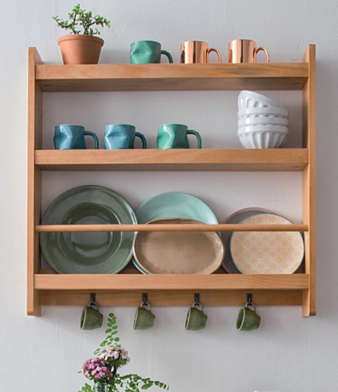Mug Holder, Wooden Wall Shelf, 27x25 Inches, Plate Display Rack ...