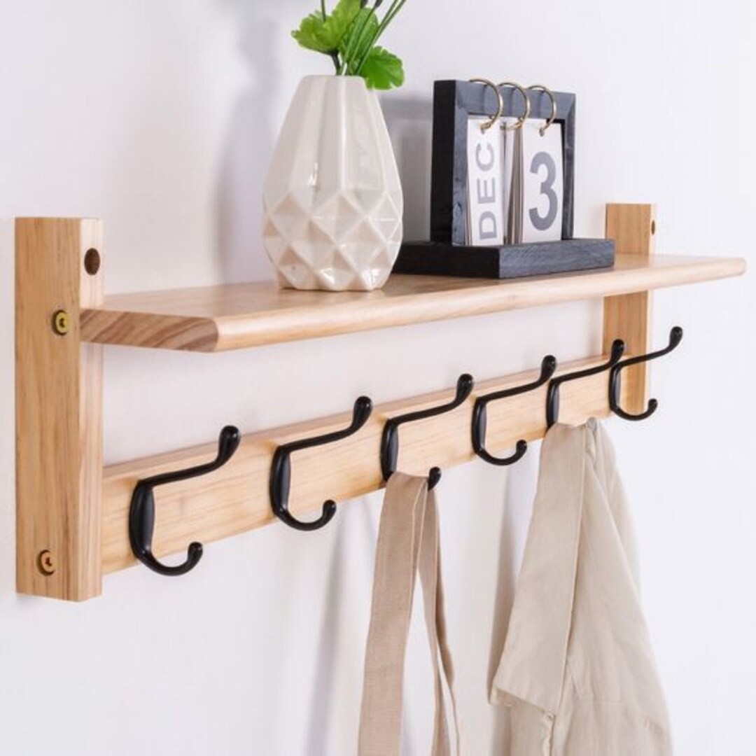 Oak Wall Shelf With Hanger, 3 to 7 Hooks, Clothes Hanger, Rustic Hanger ...