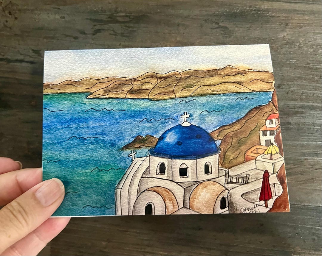 Greece Watercolor Card, Watercolor Hand Painted Print, Blank Card ...