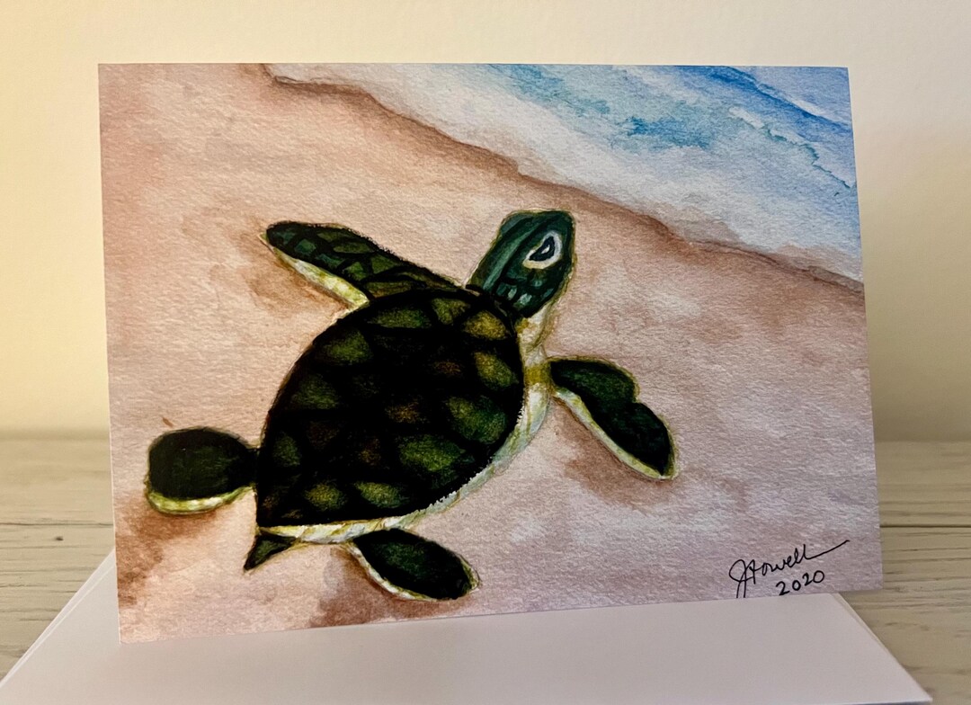 Baby Sea Turtle Cards, Watercolor Cards, Hand Painted Print, Beach ...
