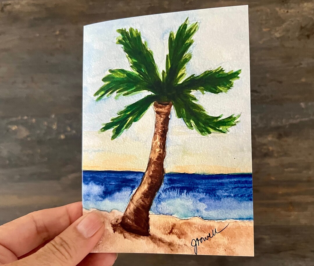 Palm Tree Watercolor Card, Palm Tree Card, Palm Tree on Beach, Beach ...