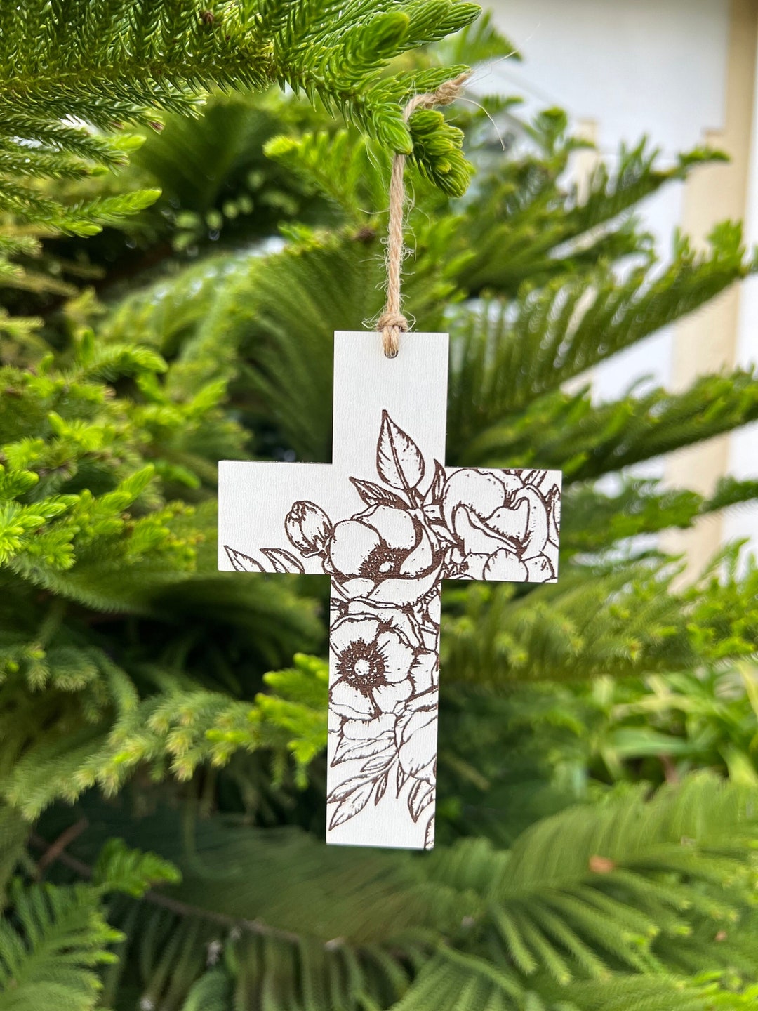 Floral Cross Ornament Wooden Floral Cross Engraved Wood Baptism Gift ...