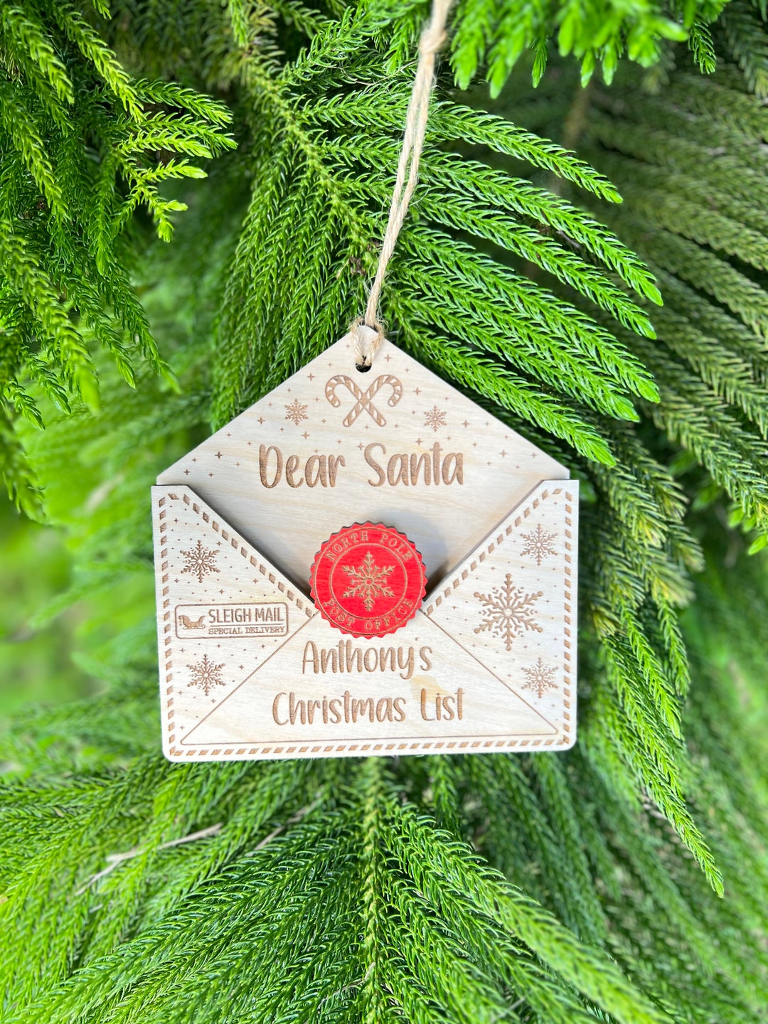 Personalized Letter to Santa Ornament, Engraved Wooden Envelope - Etsy