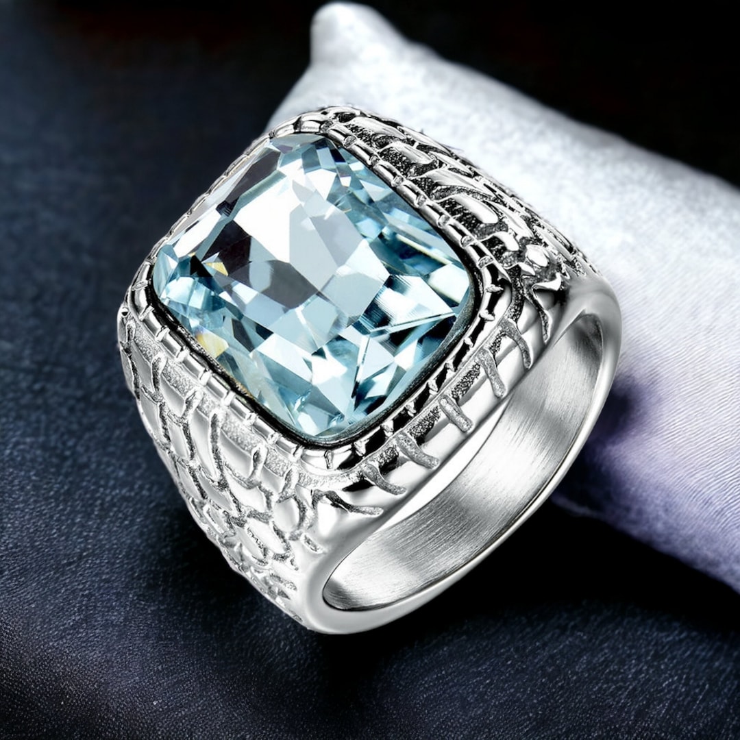 Aquamarine Men Ring March Birthstone Ring Engagement Ring 14K Gold Over ...