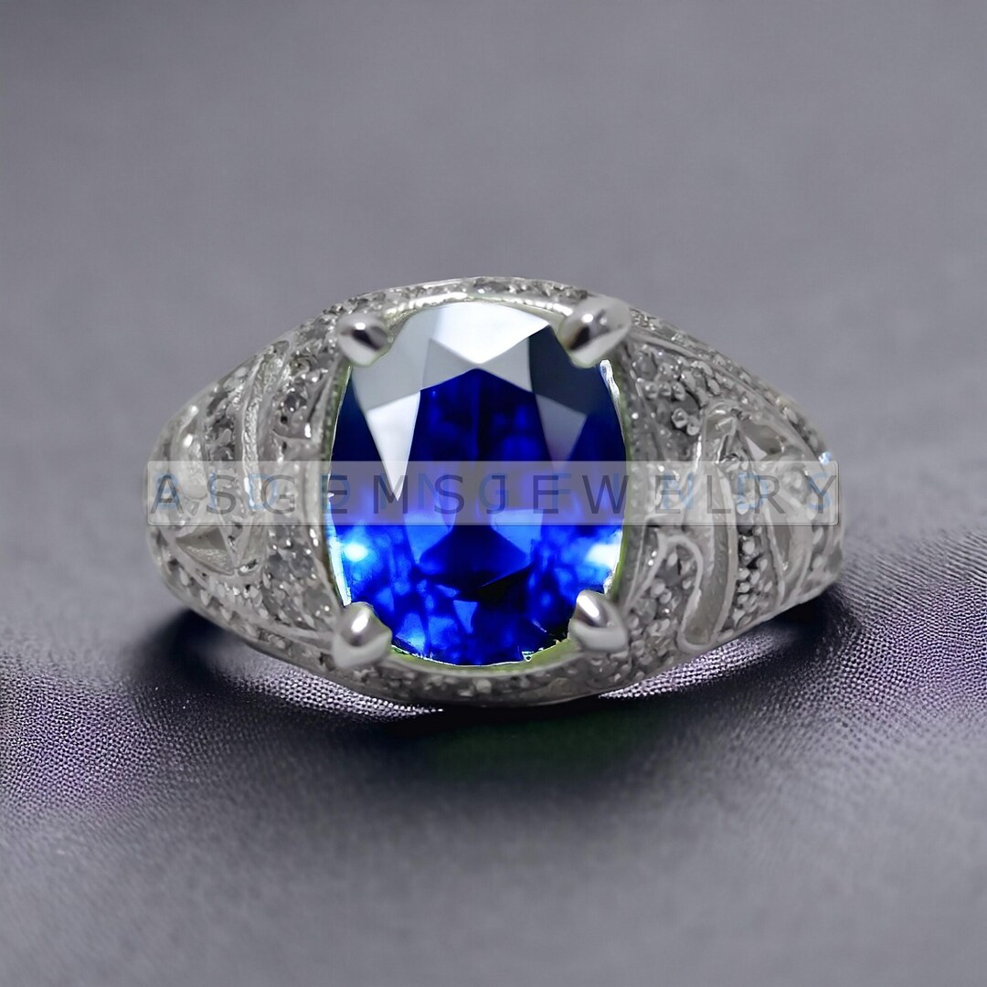 Blue Sapphire Sterling Silver Men's Ring: Engraved Grooms Ring - Etsy