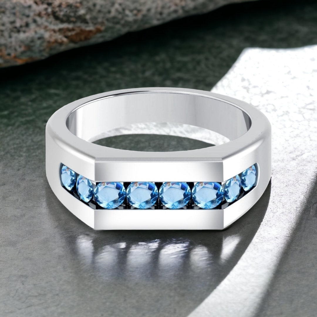Natural Blue Topaz Men Ring in Solid 925 Sterling Silver, Round Blue ...