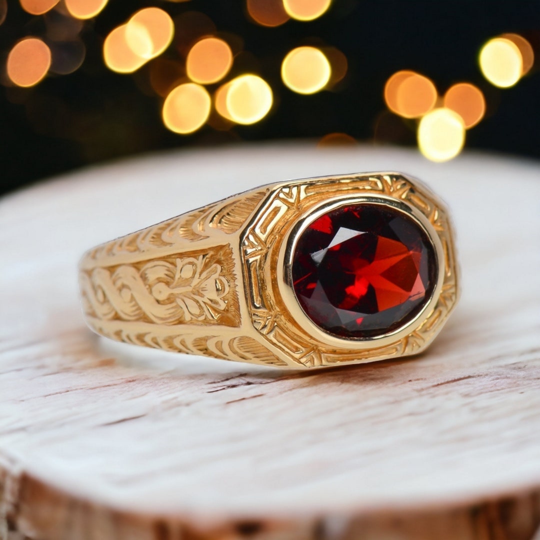 Garnet Ring for Men Handmade Gold Plated Ring 14k Gold Over Anniversary ...