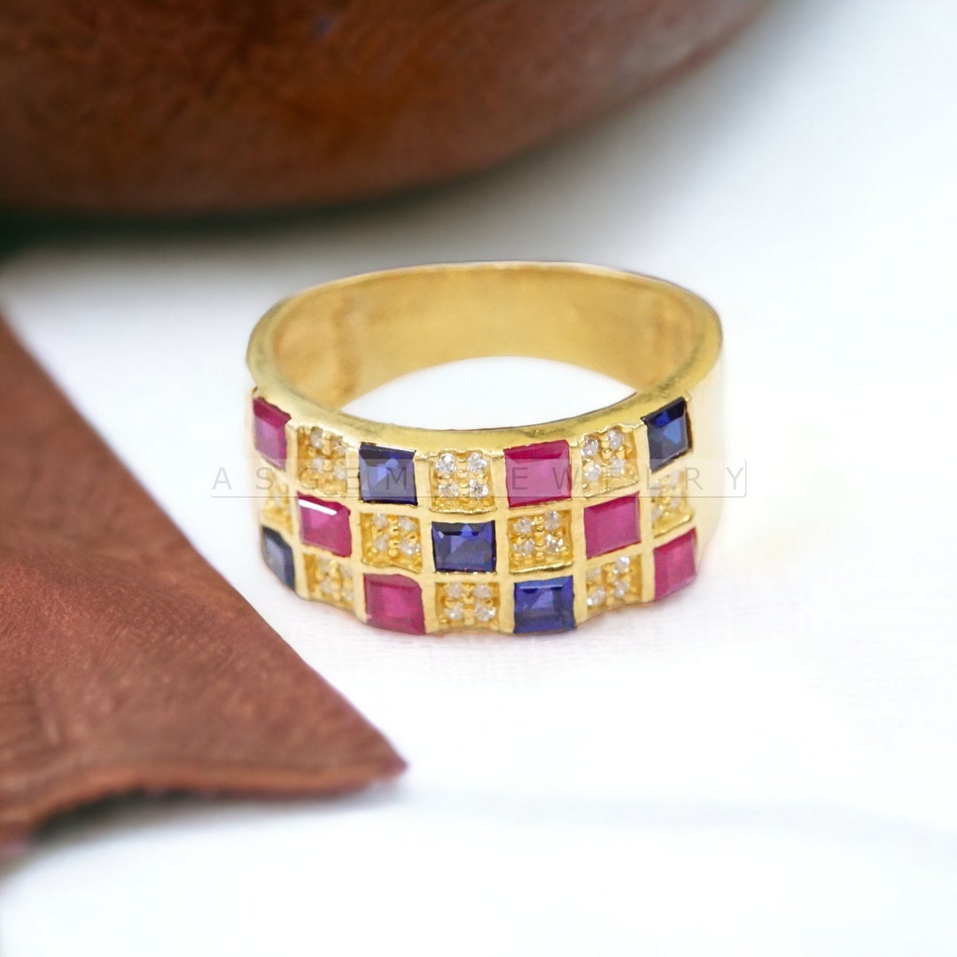 Natural Blue Sapphire and Ruby Men's Ring in Solid 925 Sterling Silver ...