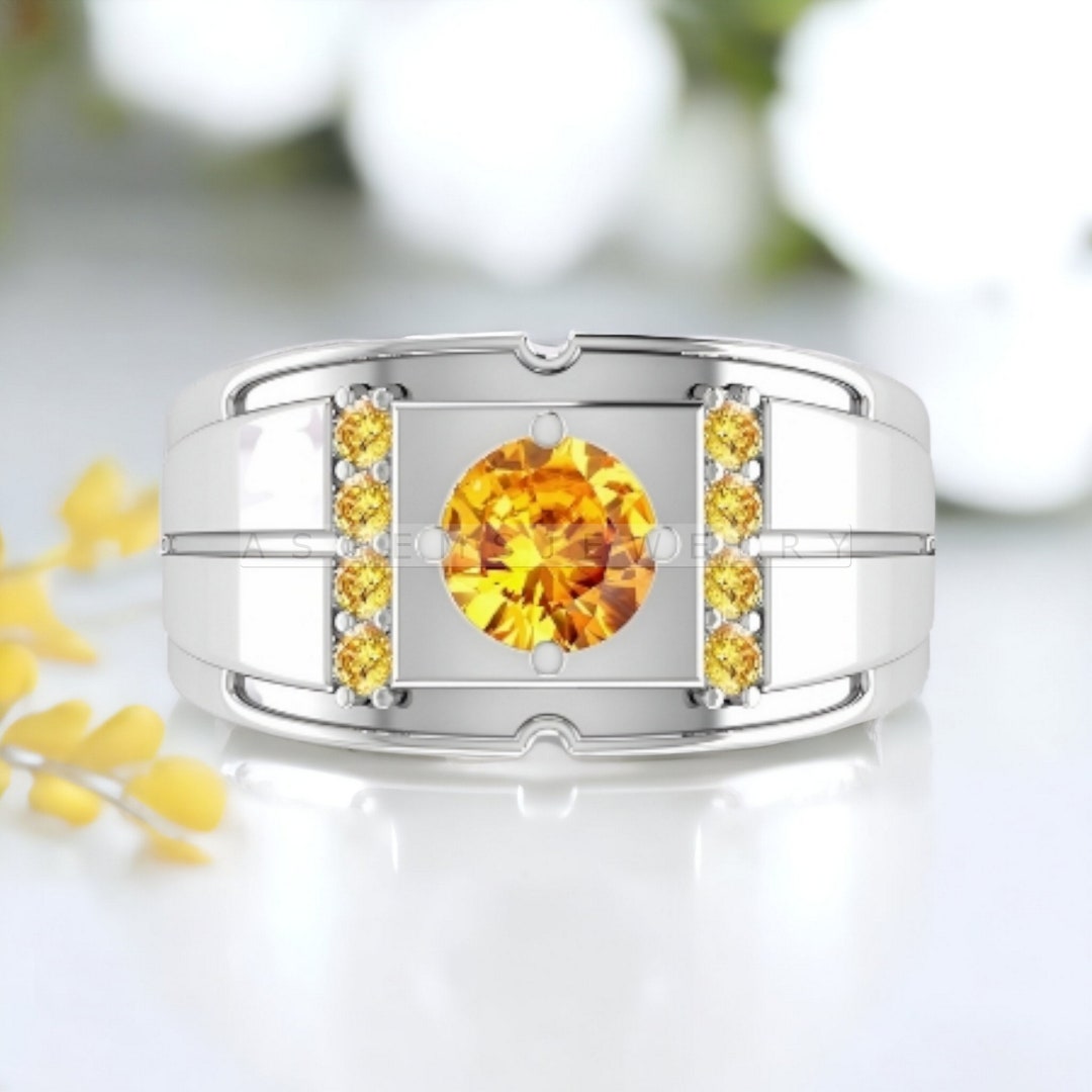 Natural Citrine Men's Ring, Art Deco Ring, Round Citrine Gemstone Ring ...