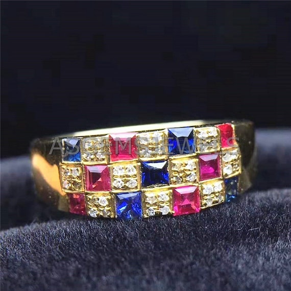 Natural Blue Sapphire and Ruby Men's Ring in Solid 925 | Etsy