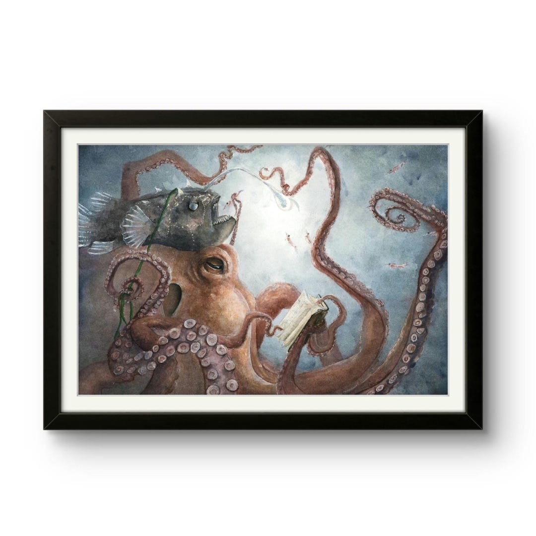 Light Reading: Print of Original Whimsical Watercolor Painting. Octopus ...