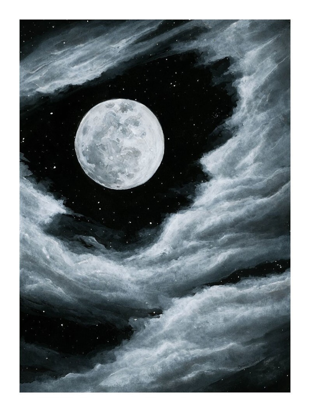 Full Moon: Print of Original India Ink and Gouache Painting, Moon, Full ...