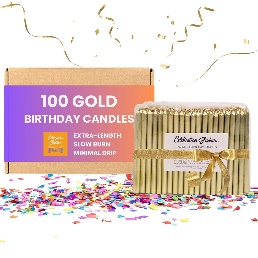 Tall Gold Birthday Candles - Extra Length, Easy Lighting, Slow Burn, No ...