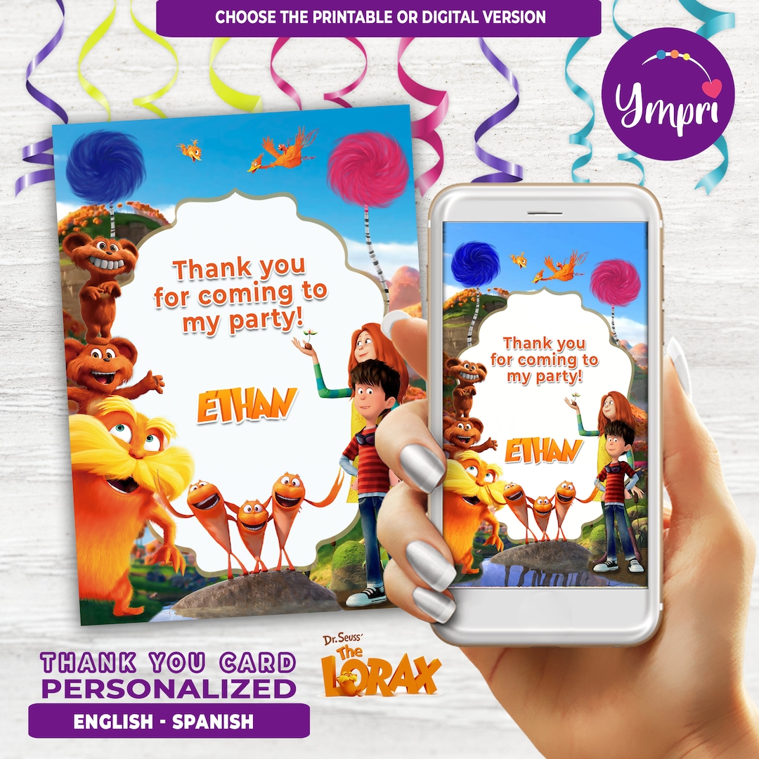 Personalized Printable or Digital Thank You Card for Birthday the Lorax ...