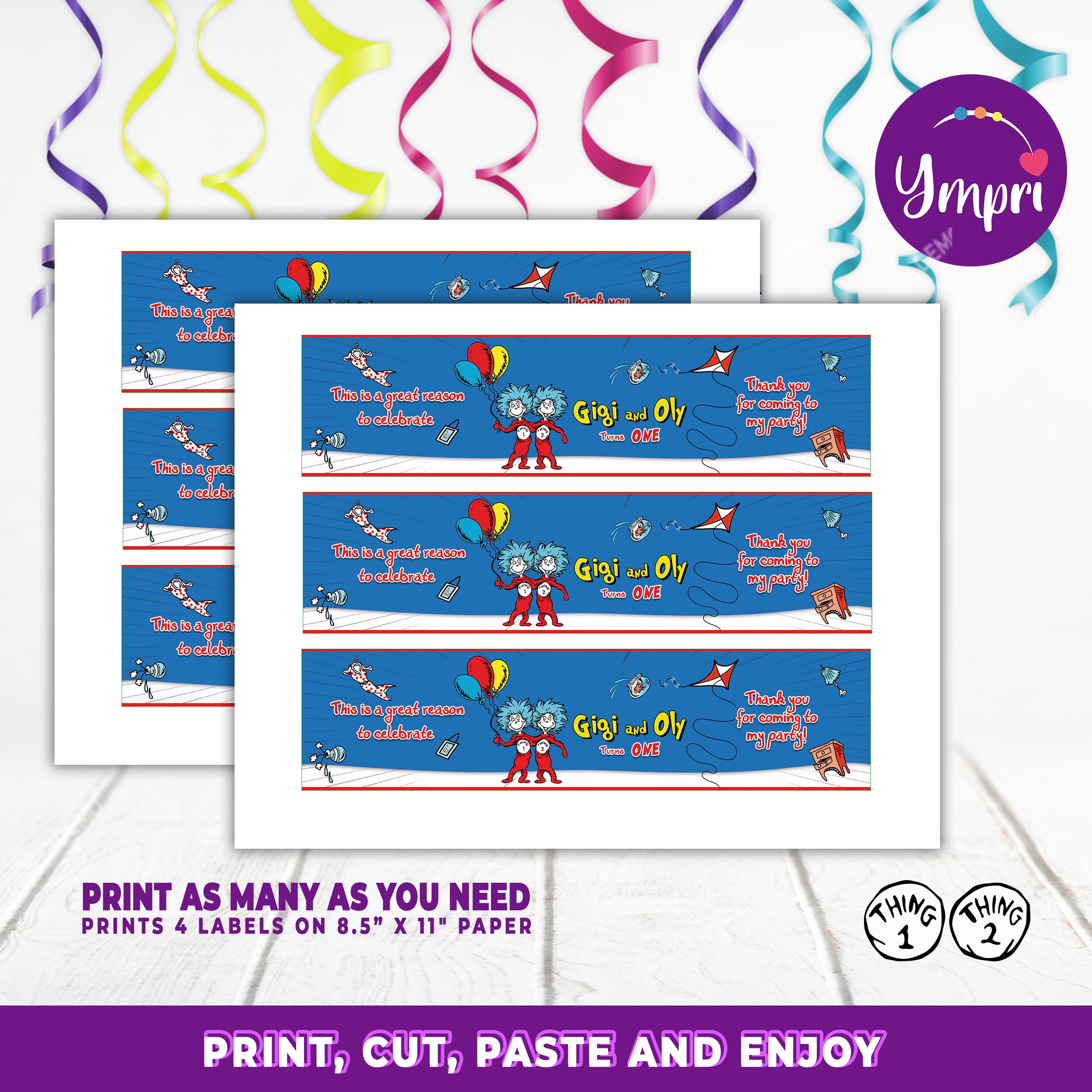 Thing 1 and Thing 2 Custom Printable Water Bottle Labels. Thing 1 and ...