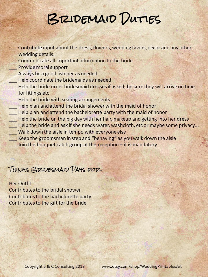 Printable Wedding Planning DIY - Wedding Party Duties Checklist 4 Pack ...