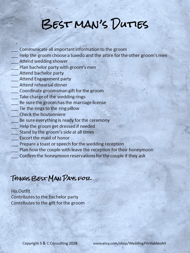 Printable Wedding Planning DIY - Best Man Duties Checklist - Etsy