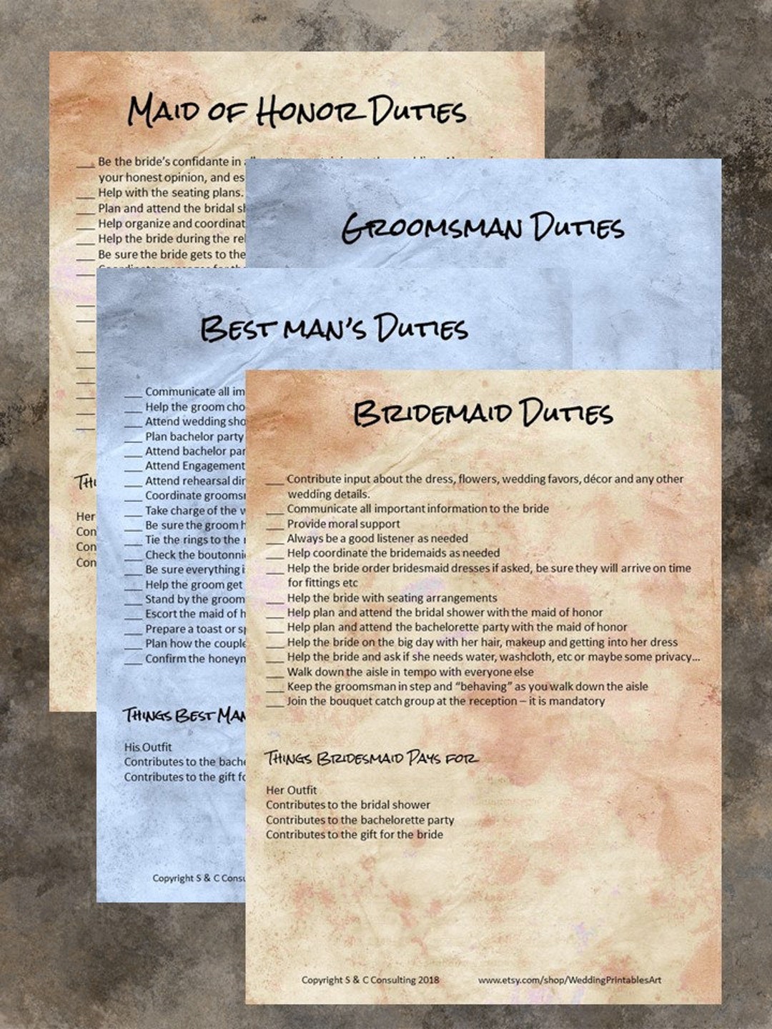 Printable Wedding Planning DIY - Wedding Party Duties Checklist 4 Pack ...