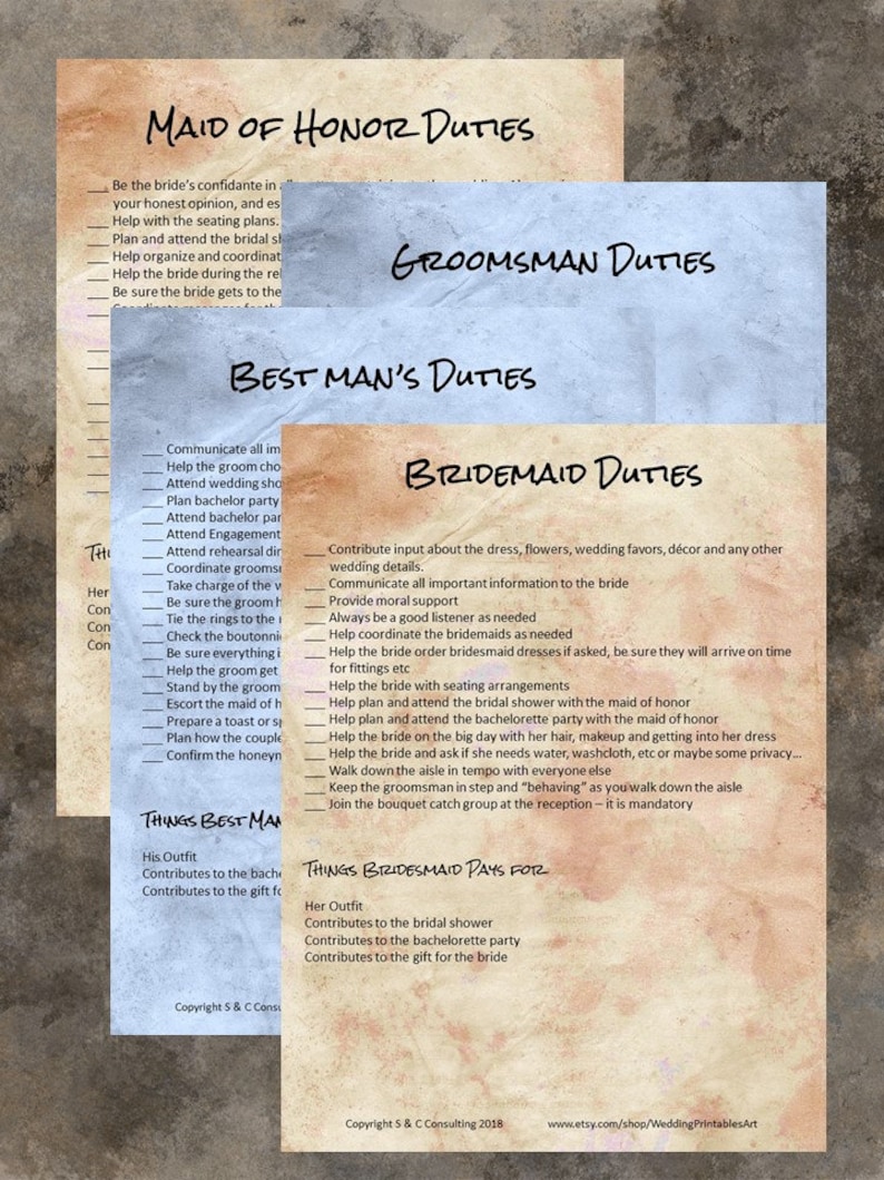 Printable Wedding Planning DIY - Wedding Party Duties Checklist 4 Pack ...