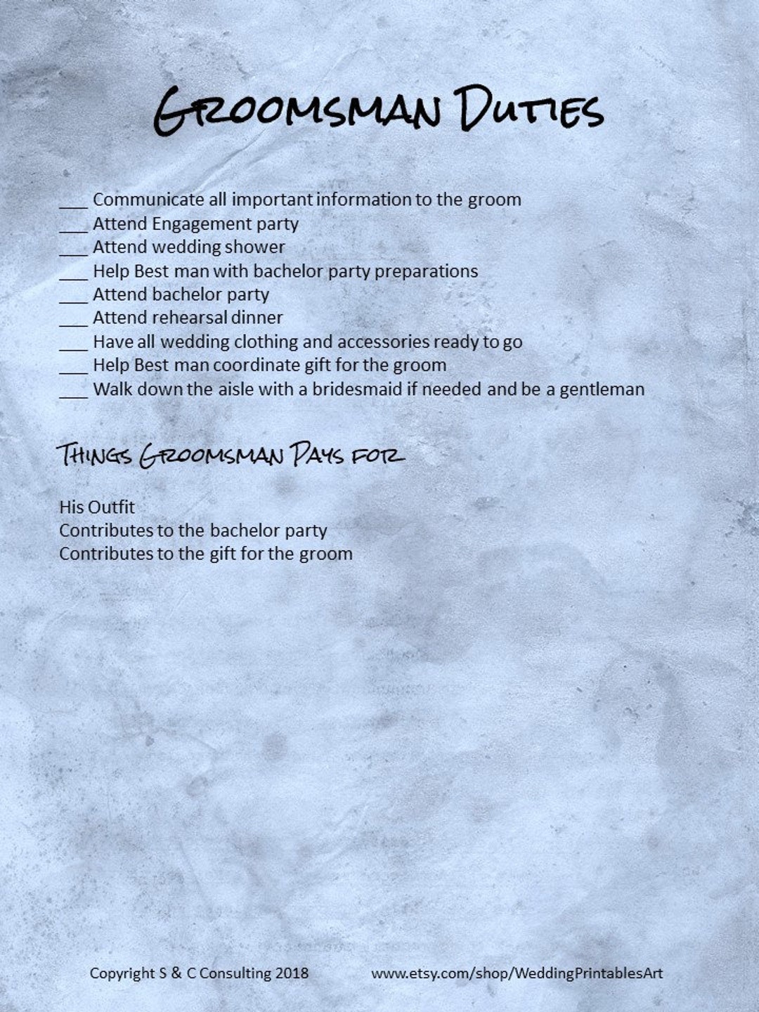Printable Wedding Planning DIY - Groom's Man Duties Checklist - Etsy