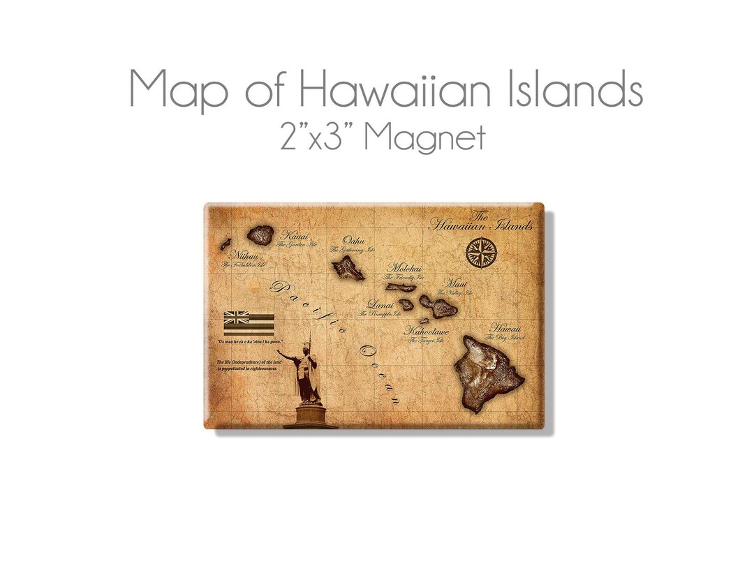 Map of Hawaiian Islands Magnet - Waikiki Beach, Flag of Hawaii, Koko ...