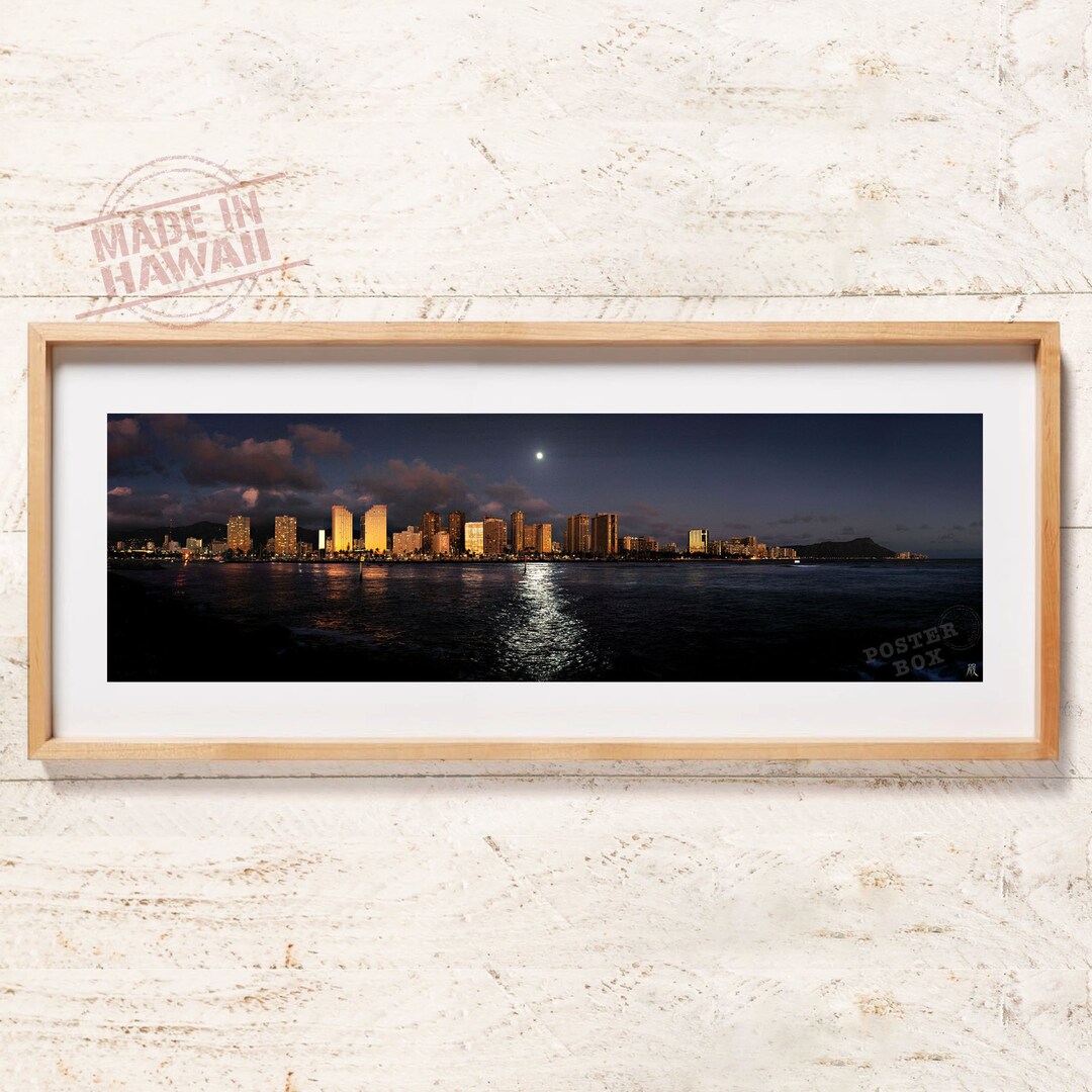Waikiki Moonrise - 40” X 12” Panoramic Poster Print, Night Skyline ...