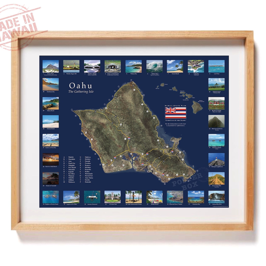 Oahu Map - 18x24 Poster Art Print, Map of Oahu, Hawaii Print, Beach ...