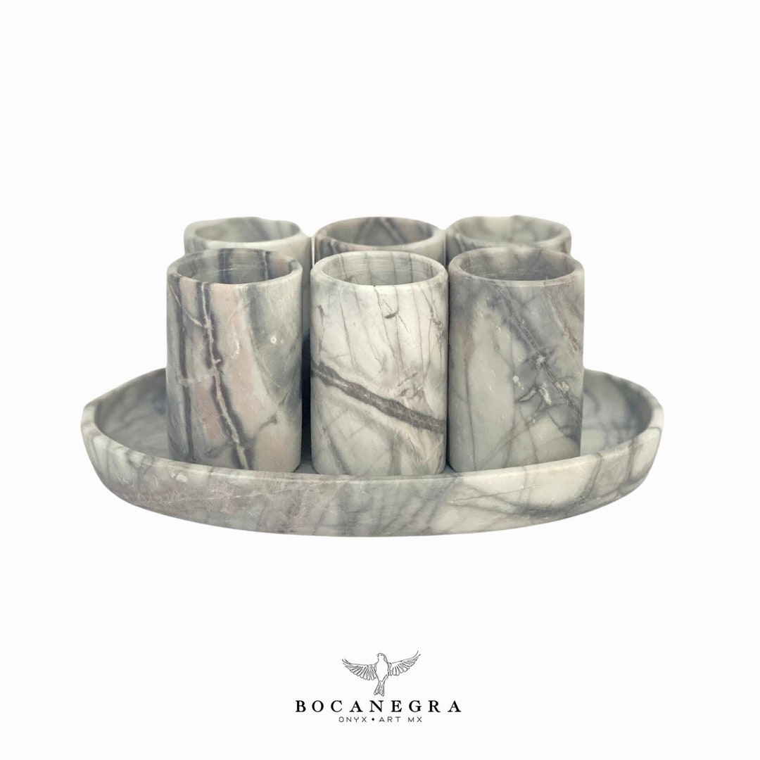 Tequila Shooter 7 Piece Set, White Marble With Gray Ray Shots, Luxury ...