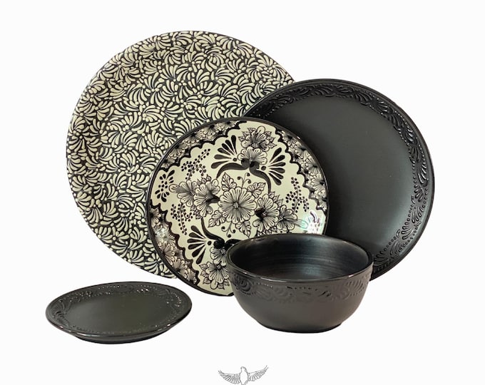 Talavera Dinnerware Personal Set, Black Tableware Set, Housewarming ...